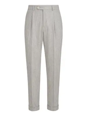 Brunello Cucinelli Virgin Wool And Cashmere Chalk Stripe Flannel Trousers With Pleat - Light Gray