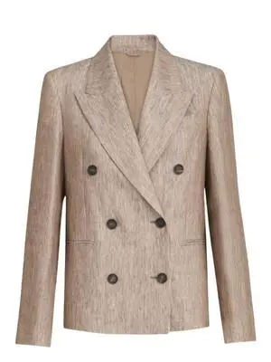BRUNELLO CUCINELLI Brunello Cucinelli Linen Denim Double-Breasted Blazer With Monili Embellishment