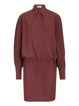Brunello Cucinelli Virgin Wool Fluid Twill Shirt Dress With Monili - Wine