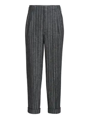 Brunello Cucinelli Linen Chalk Stripe Chevron Trousers With Double Pleats - Dark Gray