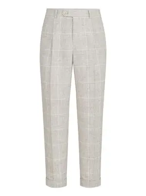 Brunello Cucinelli Linen Prince Of Wales Pleated Trousers - Panama
