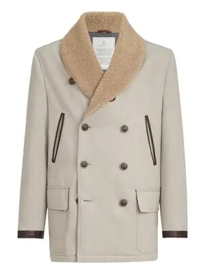 Brunello Cucinelli Wool And Cashmere Cavalry Coat With Shearling Collar - Grey