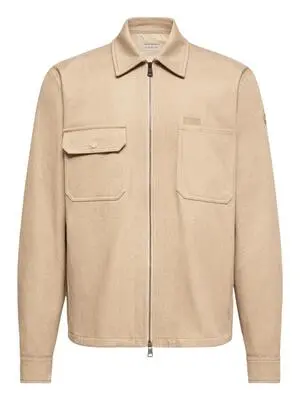 Moncler Leather Logo Cotton Shirt Jacket - Beige