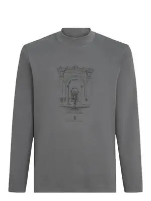 Brunello Cucinelli Cotton Interlock Long-sleeve T-shirt With Mock-neck And Print - Medium Gray
