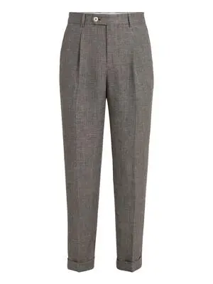 Brunello Cucinelli Linen Houndstooth Pleated Trousers - Gray