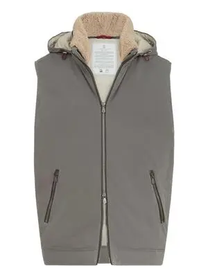 Brunello Cucinelli Waxed Techno-cotton Down Vest With Detachable Hood - Grey