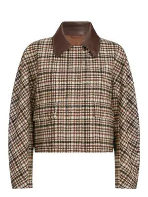 Brunello Cucinelli Checked Wool And Alpaca Blend Jacket With Leather Collar And Monili - Multicolor