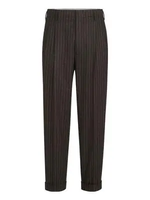 Brunello Cucinelli Virgin Wool And Cashmere Chalk Stripe Trousers With Double Pleats - Brown