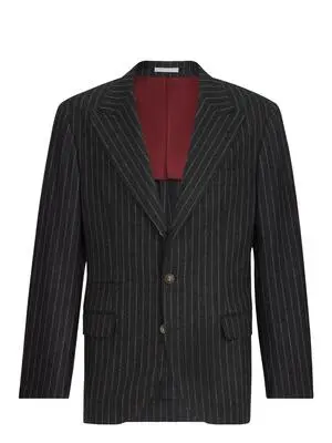 Brunello Cucinelli Virgin Wool And Cashmere Chalk Stripe Flannel Deconstructed Blazer With Large Peak Lapels And Metal Buttons - Anthracite