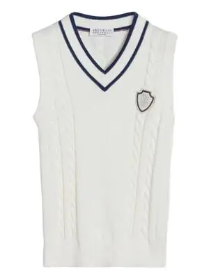 Brunello Cucinelli Cotton Cable Knit V-neck Vest With Emblem - Panama