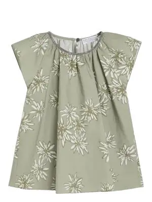 Brunello Cucinelli Cotton Daisy-print Poplin Top With Monili Detailing - Sage