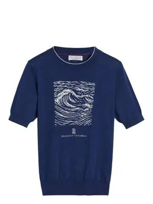 Brunello Cucinelli Cotton Lightweight Knit T-shirt With Wave Intarsia - Blue