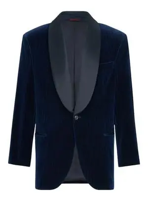 Brunello Cucinelli Cotton Chalk-stripe Velvet Tuxedo Jacket With Shawl Lapels - Navy Blue