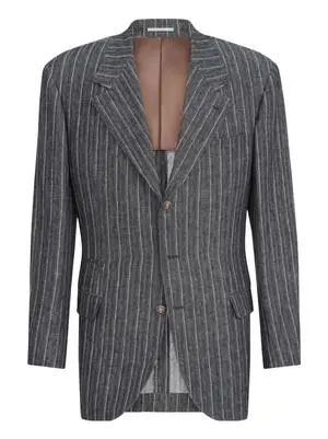 Brunello Cucinelli Linen Chalk Stripe Chevron Tailor Blazer With Metal Buttons - Anthracite