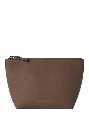 Brunello Cucinelli Grained Calfskin Pouch With Zipper Pull - Brown