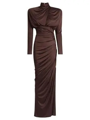 Balmain Long Flowing Jersey Dress With Gold-tone Buckle And Drawstring Slits - Brown