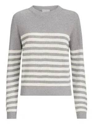 Brunello Cucinelli Sparkling Cotton Striped English Rib Sweater With Monili - Gray