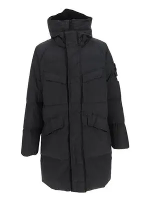 Stone Island Hooded Padded Coat With Wrinkle Effect - Black