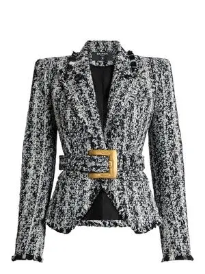 Balmain Two-tone Tweed Belted Jacket - Black