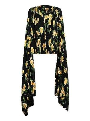 Balenciaga Pleated Floral-print V-neck Long Sleeve Top - Black
