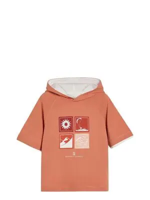 Brunello Cucinelli Cotton Piqué Hooded Sweatshirt With Print - Apricot