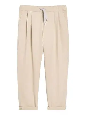Brunello Cucinelli Garment-dyed Trousers In Twisted Cotton Gabardine With Drawstring And Double Pleats Sand