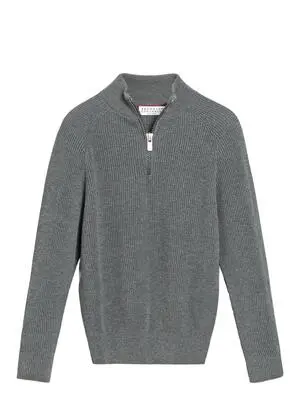 Brunello Cucinelli Cotton English-rib Sweater With Half-zip - Lead