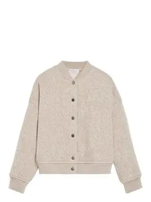 Brunello Cucinelli Lace Flowers Jersey Bomber Jacket In Sparkling Virgin Wool And Cashmere - Beige