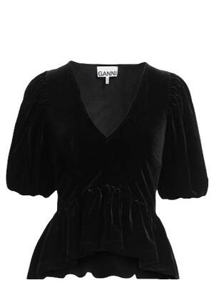 GANNI Velvet Peplum Top With Deep Neckline - Black