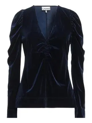 GANNI Chenille V-neck Long Sleeve Top With Puff Sleeves - Black