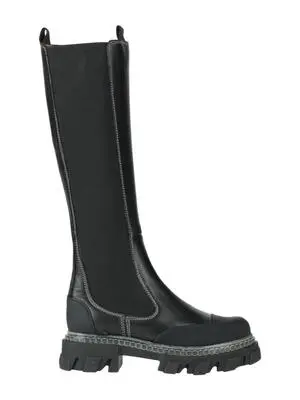 GANNI Solid Color Leather Platform Boots - Black