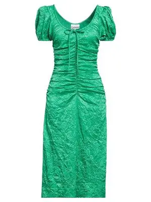 GANNI Short Sleeved Gathered Midi Dress - Green