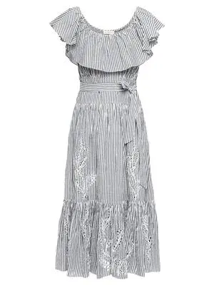 Tory Burch Striped Lace Woven Short-sleeve Dress - Gray