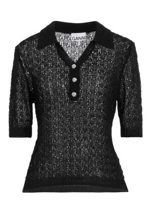 GANNI Ganni Black Button-Embellished Short Sleeve Knit Top