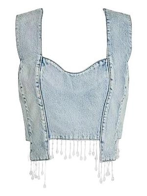 GANNI Embellished Denim Cropped Top - Gray