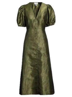 GANNI Puff Sleeve V-neck Button-front Flared Dress - Green