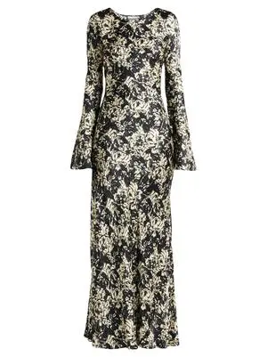 GANNI Floral Pattern Maxi Dress With Bell Sleeves - Black