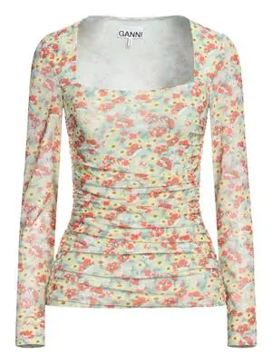 GANNI Floral Print Gathered Tulle Top - Multicolor