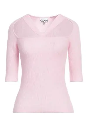 GANNI V-neck Short Sleeve Knit Top - Pink