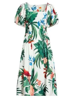 Farm Rio Short-sleeved Dress With Square Neckline And Tropical Print - Green