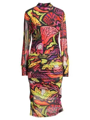 Farm Rio Long-sleeved High Neck Ruched Dress With Multi-colored Pattern - Multicolor