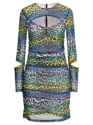 GANNI Leopard Print Mesh Cut-out Dress - Gray