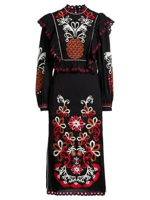 Farm Rio Long-sleeved Embroidered Midi Dress - Black