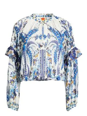 Farm Rio Long-sleeved Tie Neck Printed Blouse - Blue