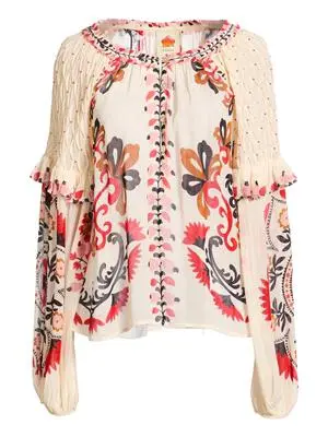 Farm Rio Long-sleeved Printed Shirt With Ruffle And Pleat Details - White