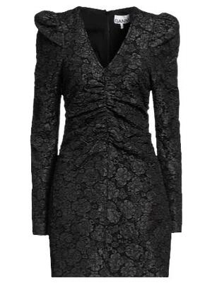 GANNI Ruched V-neck Long Sleeve Dress - Black