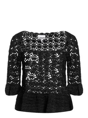 GANNI Crochet Square Neck Peplum Jumper - Black