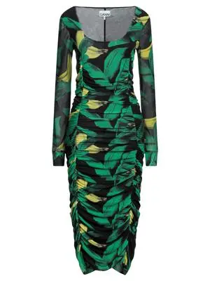 GANNI Long Sleeve Ruched Tropical Print Dress - Green