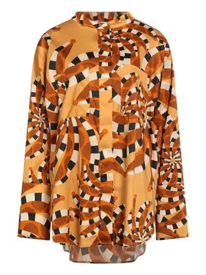 Farm Rio Printed Band Collar Long Sleeve Shirt - Orange