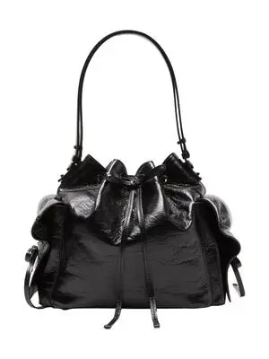 Acne Studios Drawstring Ruffled Leather Shoulder Bag - Black